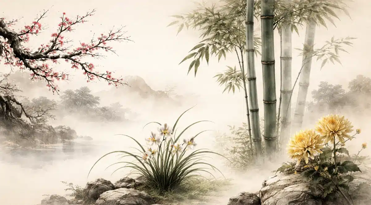 The Four Noble Plants (or Gentlemen): Plum, Orchid, Bamboo & Chrysanthemum